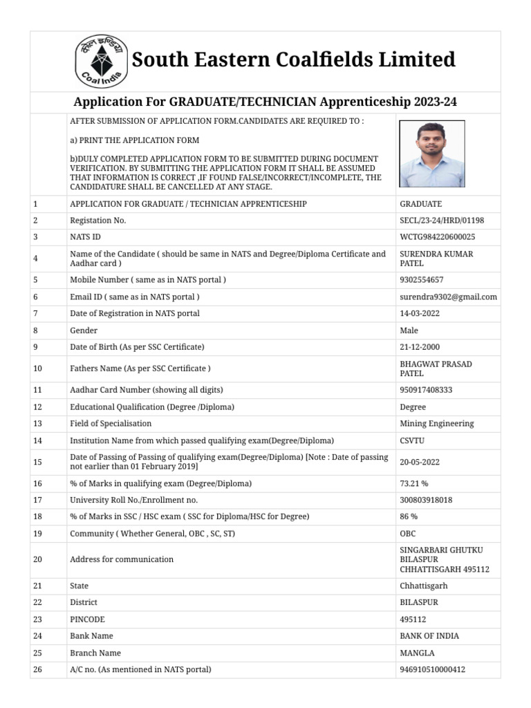 SECL Graduate & Technician Apprentices Application 2023-24 | PDF | Apprenticeship | Vocational ...