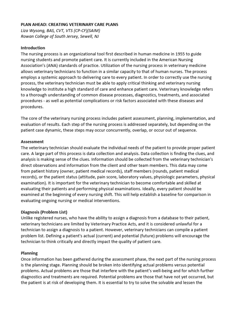 Veterinary Care Plan Development Guide | PDF | Nursing | Medical Diagnosis