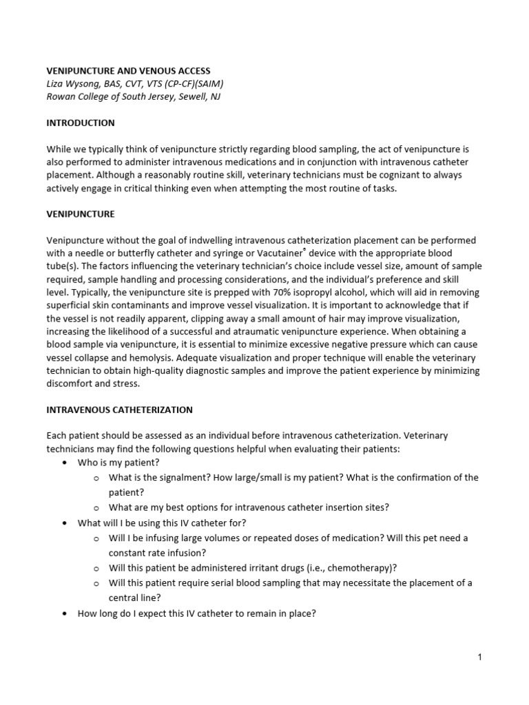 Wysong - 4 - Venipuncture and Vascular Access | PDF | Intravenous Therapy | Catheter