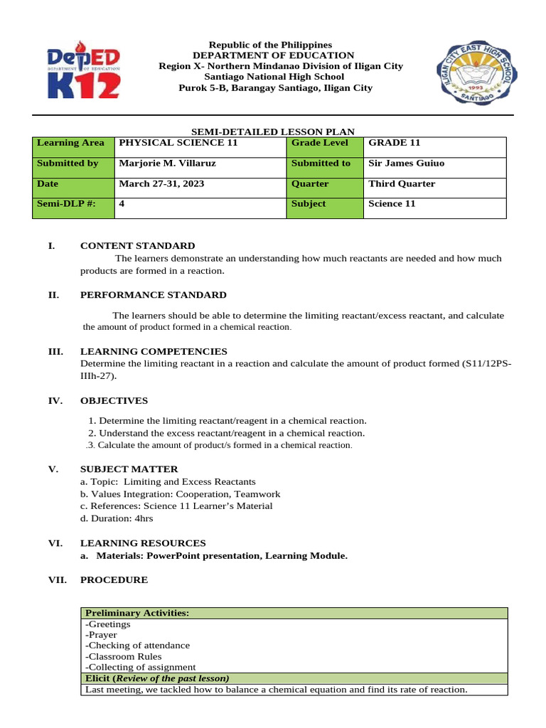 LessonPlan 4-Limiting & Excess Reactant | PDF | Chemical Reactions ...
