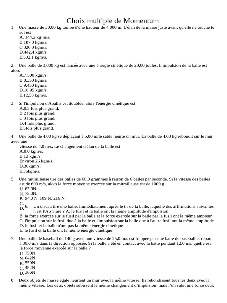 Questions À Choix Multiples Sur Le Momentum | PDF | Élan | Phénomène ...