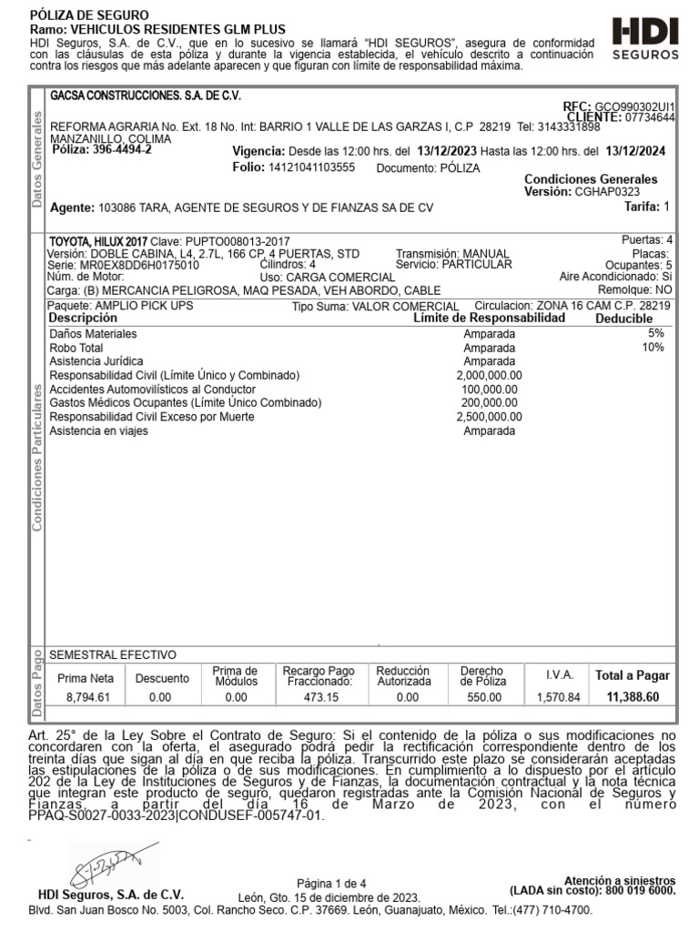 Póliza de Seguro Vehicular HDI | PDF | Póliza de seguros | Seguro
