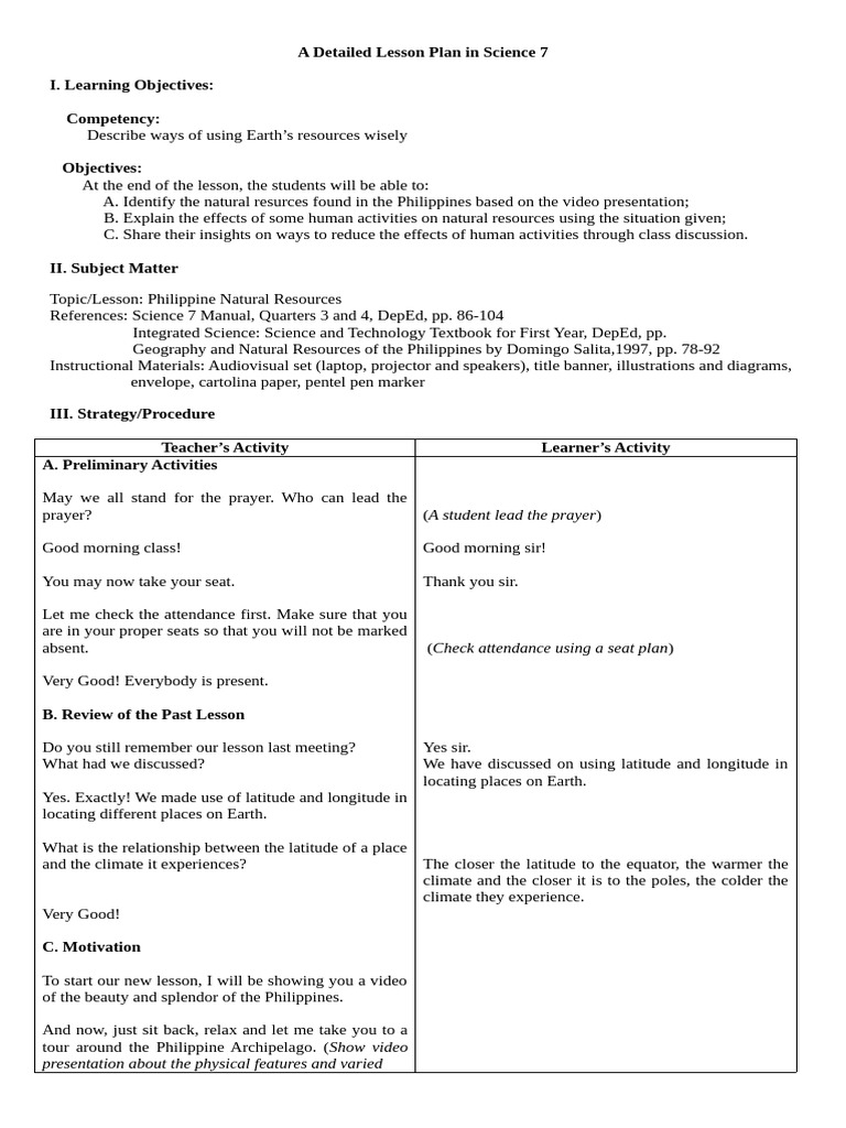 Sample Lesson Plan in Science Grade VII | PDF | Lesson Plan | Latitude