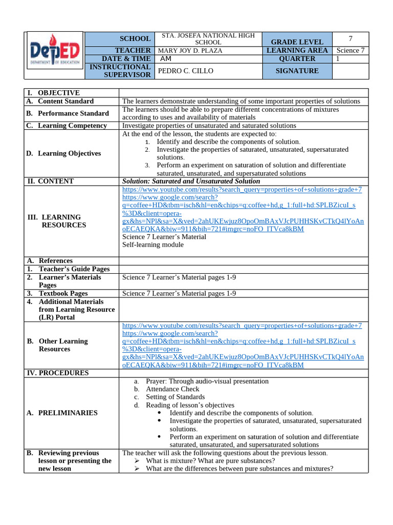 Lesson-Plan-in-Science-07-2ND Quarter | PDF | Mixture | Learning