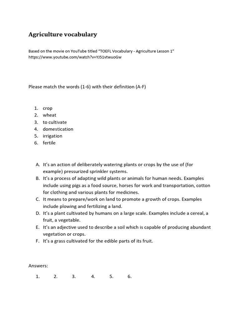 Agriculture Vocabulary Quiz 2 | PDF