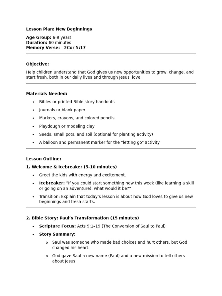 New Beginnings Lesson Plan | PDF | Paul The Apostle
