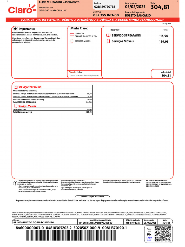 Fatura Claro: Vencimento e Valores 02/2025 | PDF | Finanças pessoais ...