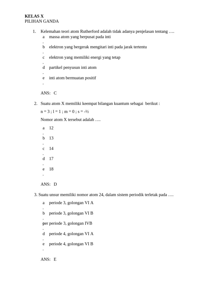 Soal Kimia Kelas X: Pilihan Ganda | PDF