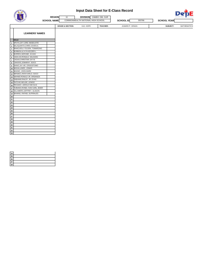 E-Class Record for G10 Mathematics | PDF