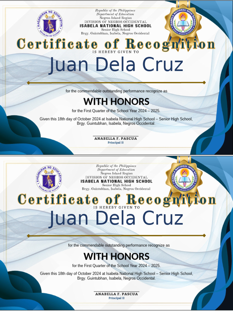 Certificate - Honors Quarter 1 | PDF