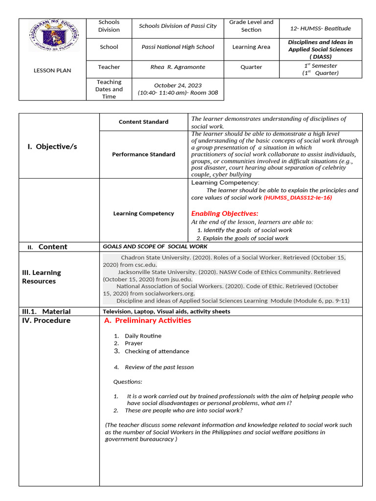 Lesson plan for CO (1st qrtr 2023-2024)- DIASS | PDF | Learning | Teachers
