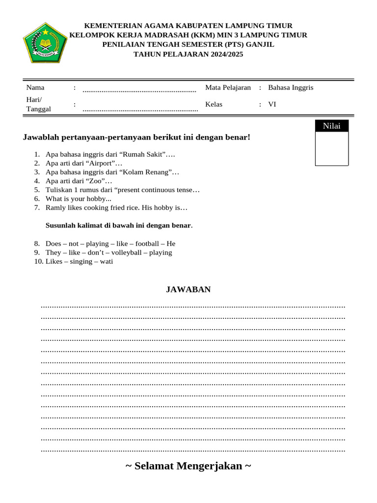 Soal Essay Bahasa Inggris Kelas 6 PTS | PDF