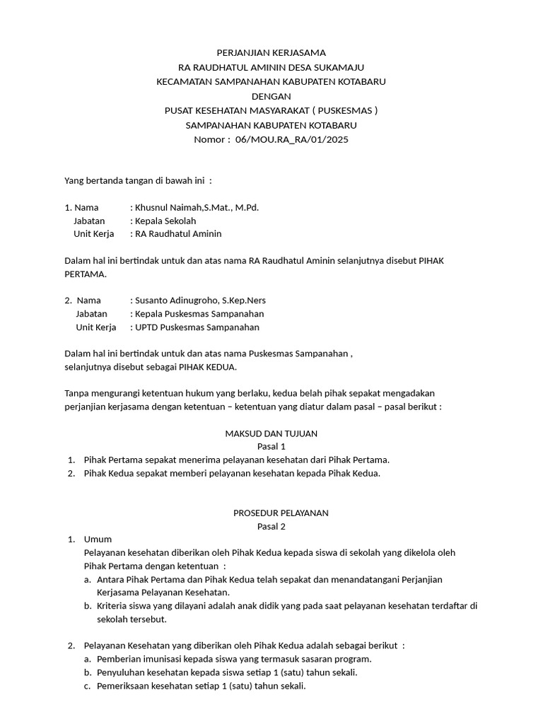 Perjanjian Kerjasama (Mou) | PDF