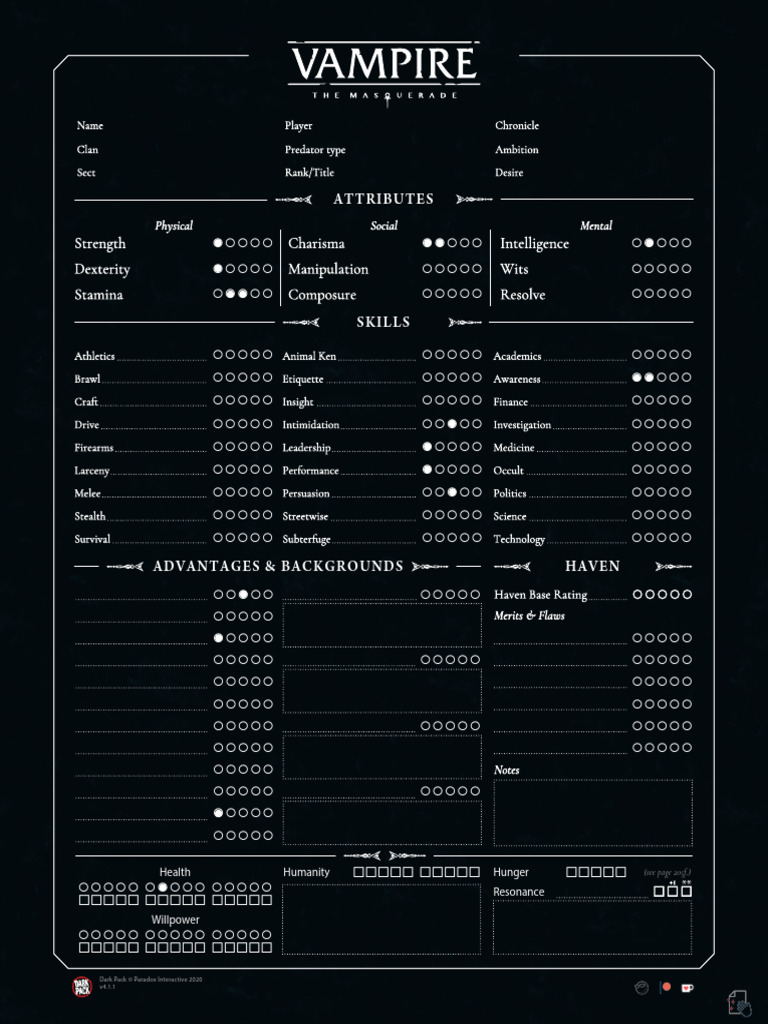 VtM5e_ENG_CharacterSheet_Camilo Bernard | PDF