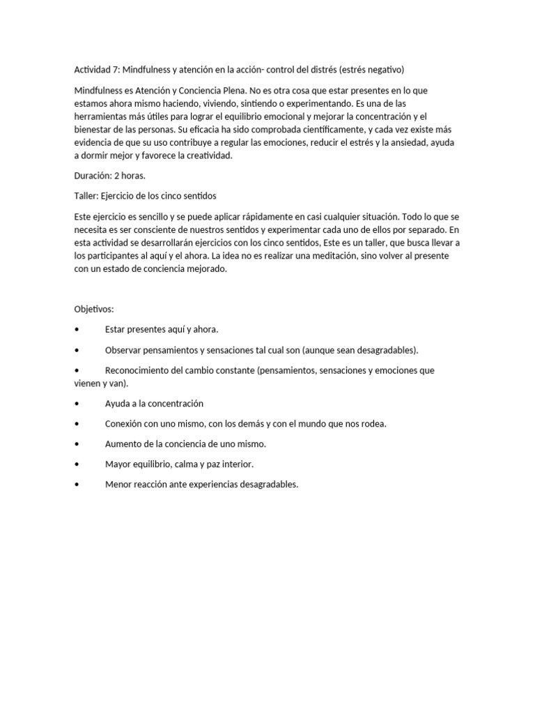 Taller de Mindfulness - los cinco sentidos | PDF
