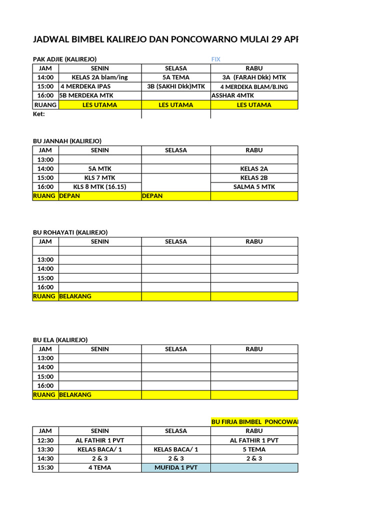 Jadwal Les Bimbel Kalirejo 2024 | PDF