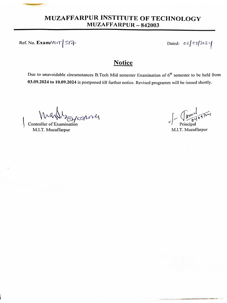 Notice For B.tech 6th Sem Mid Sem Postponed | PDF
