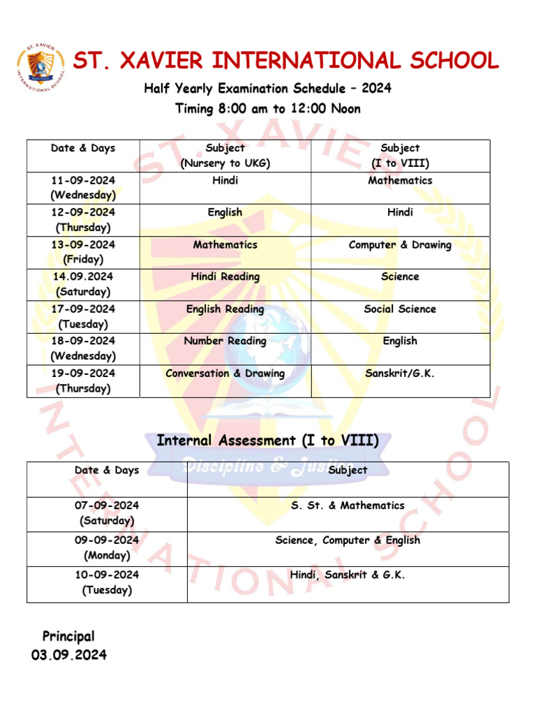 Half Yearly Exam Schedule - 2024 | PDF