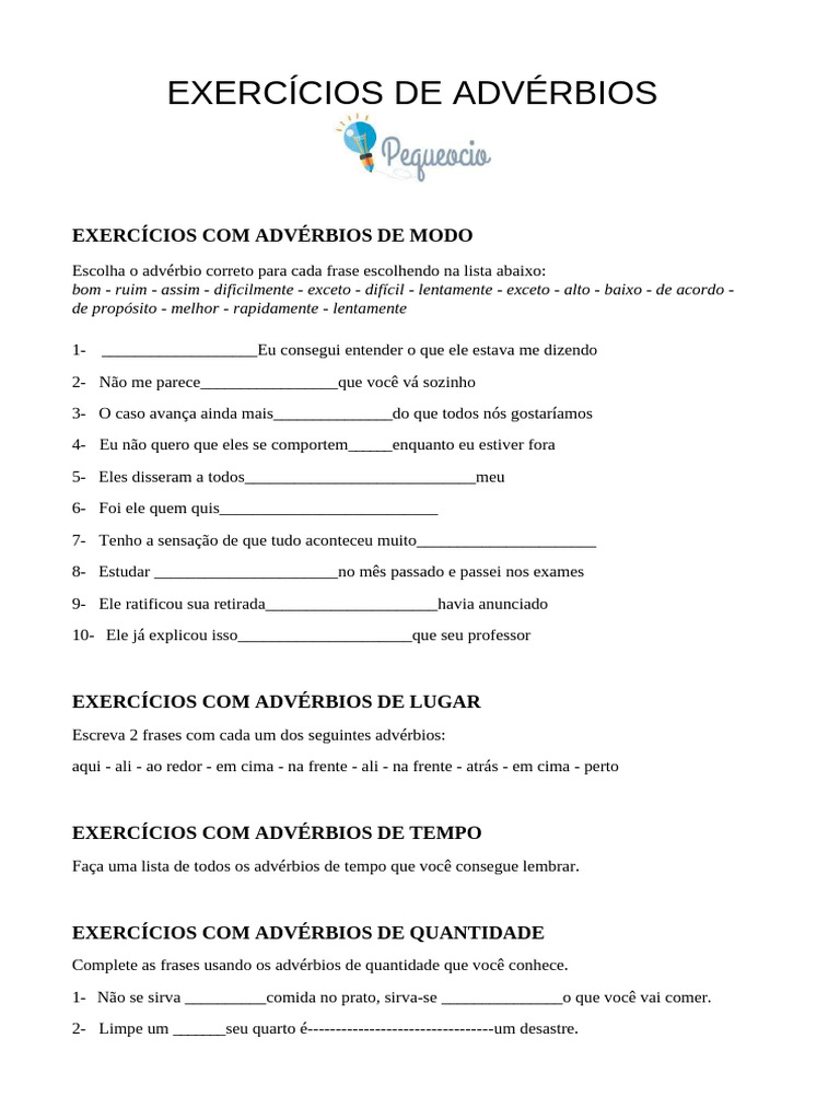 Exercícios de Advérbios | PDF | Advérbio