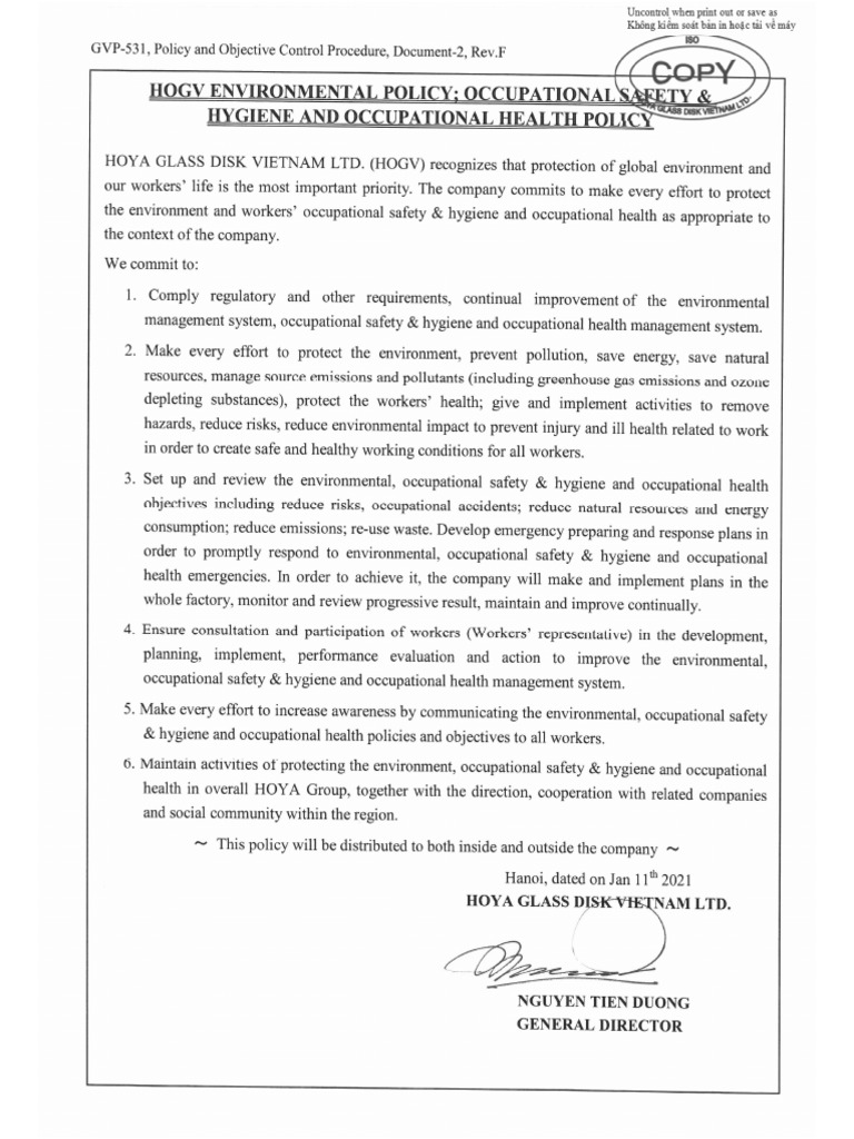 HOGV Environmental policy, Occupational Safety & Hygiene and Occupational Health Policy | PDF