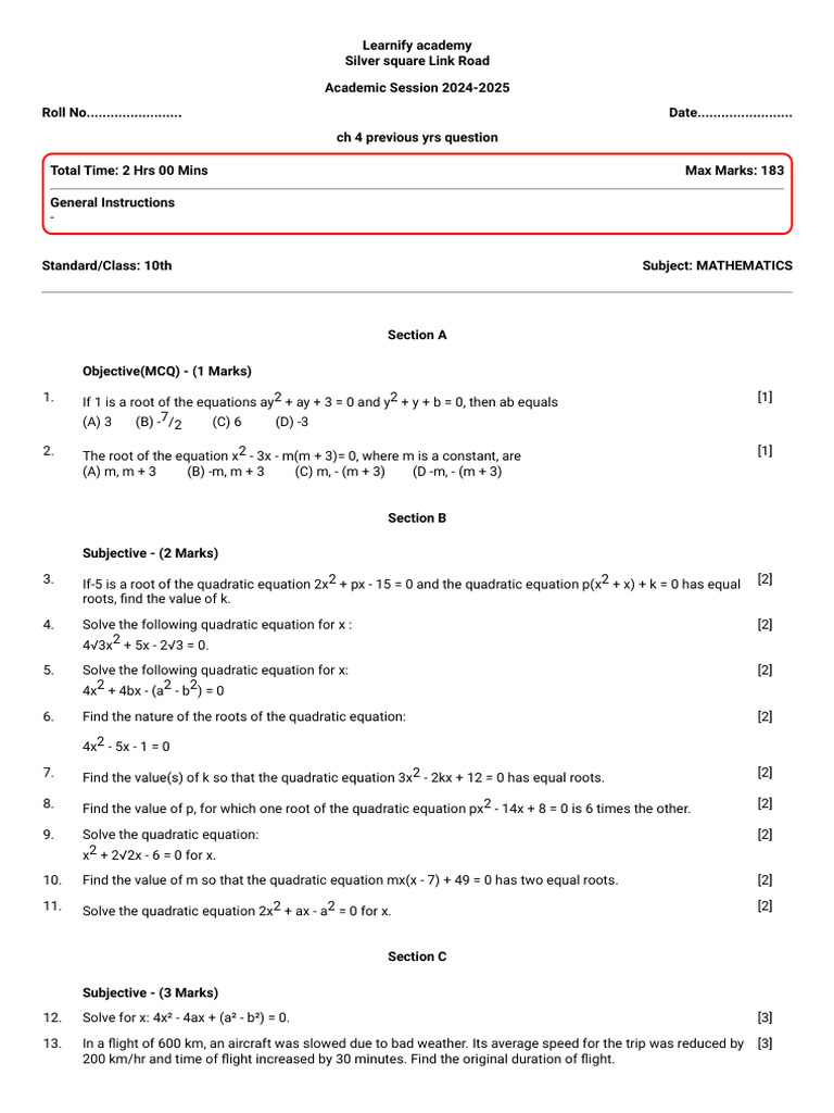 CH 4 Previous Yrs Question | PDF | Speed | Quadratic Equation
