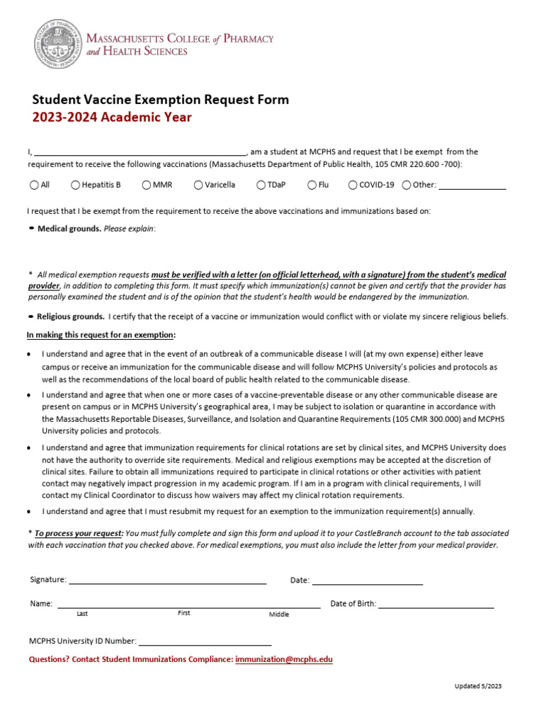 MCPHS Student Vaccine Exemption Form | PDF | Vaccination | Vaccines