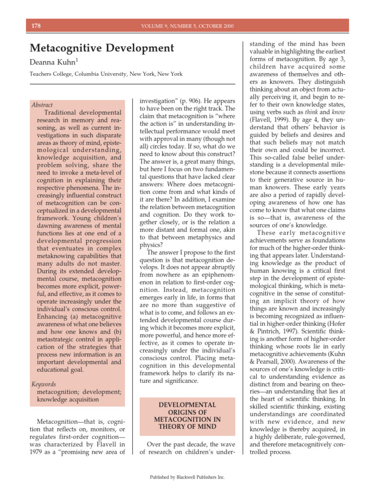 Kuhn, D. (2000) Metacognitive Development | PDF | Metacognition | Knowledge