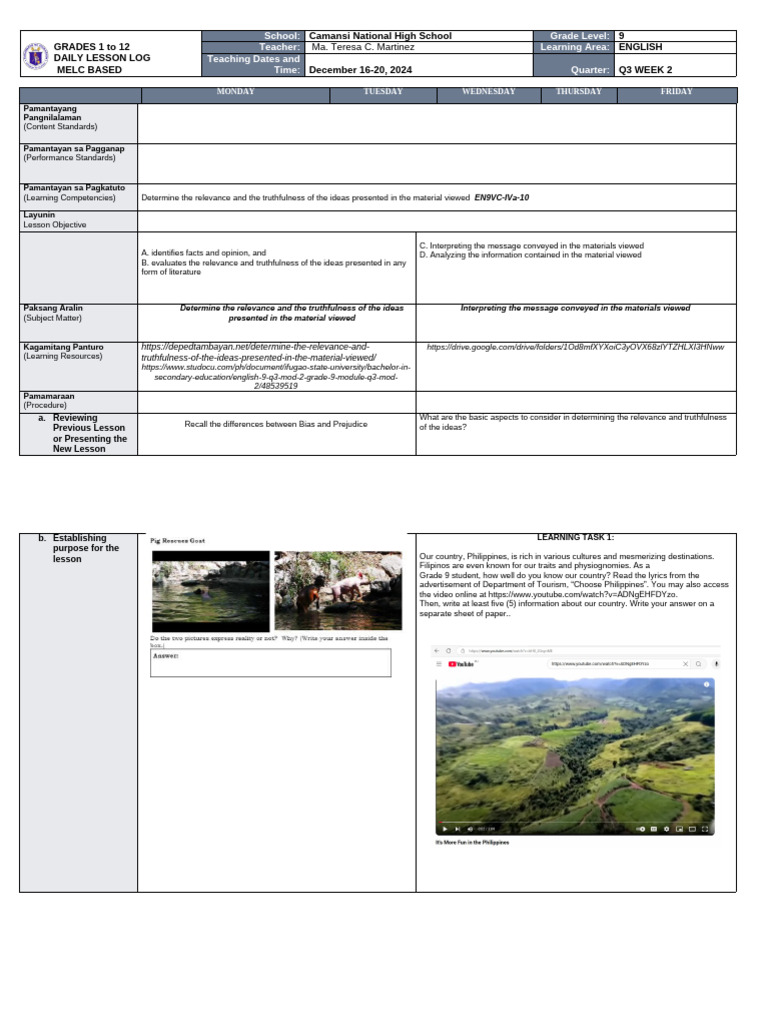 Melc Dll Eng 9 Week 2 q3 Done | PDF | Idea | Cognition