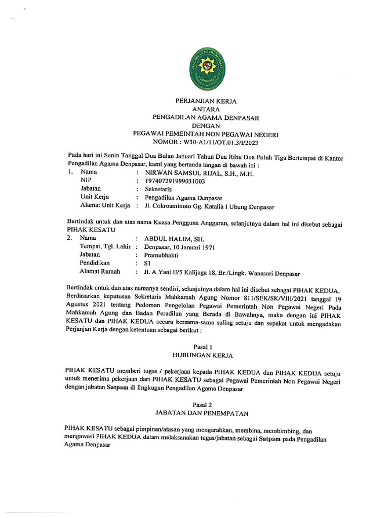 1692597327_11. Perjanjian Kerja PPNPN Abdul Halim | PDF