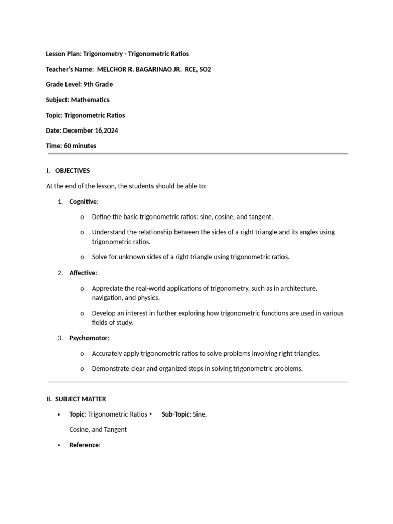 Final Demo Lesson Plan | PDF | Trigonometry | Trigonometric Functions