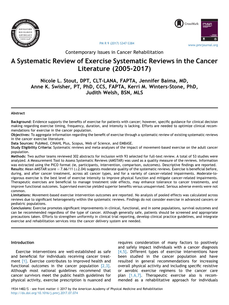 A Systematic Review of Exercise Systematic Reviews in the Cancer ...