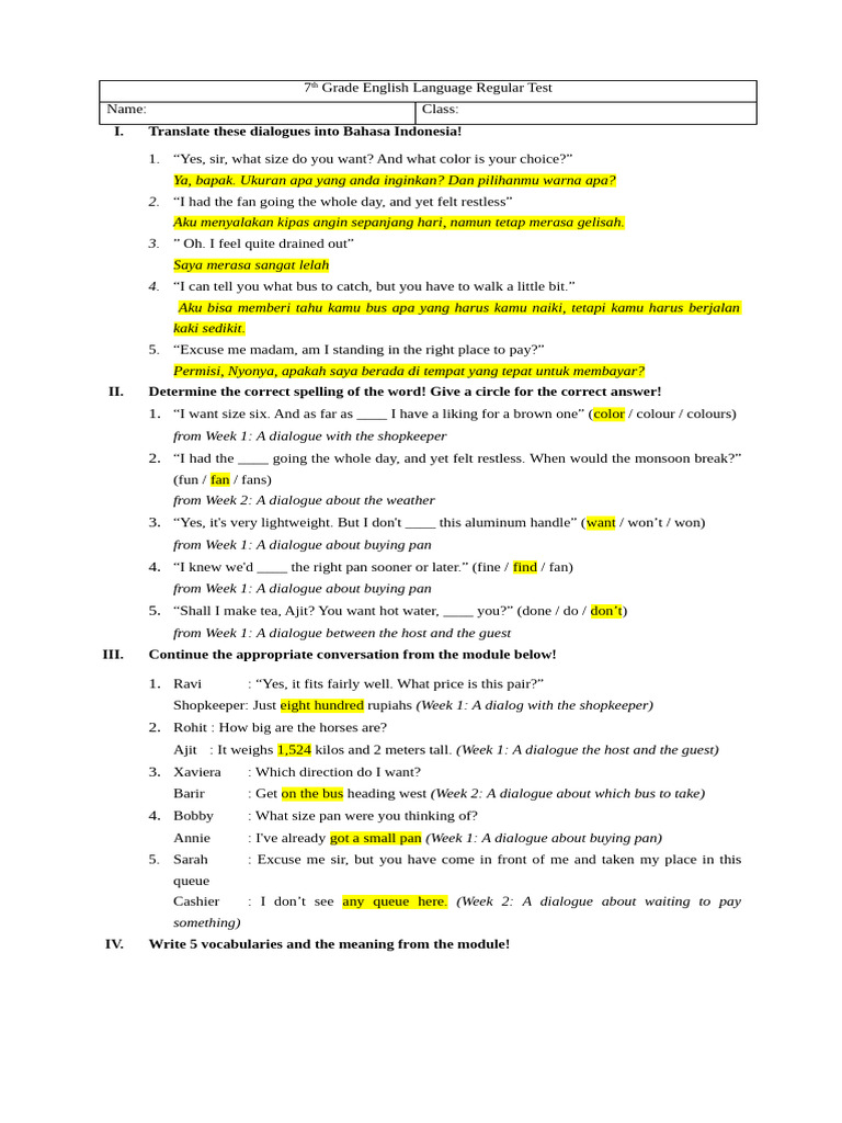 7th Grade English Test | PDF | Linguistics