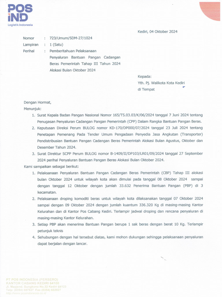 Surat Pemberitahuan Penyaluran Banpang Beras Tahap Iii Alokasi Oktober Pke PJ Walikota Kediri | PDF