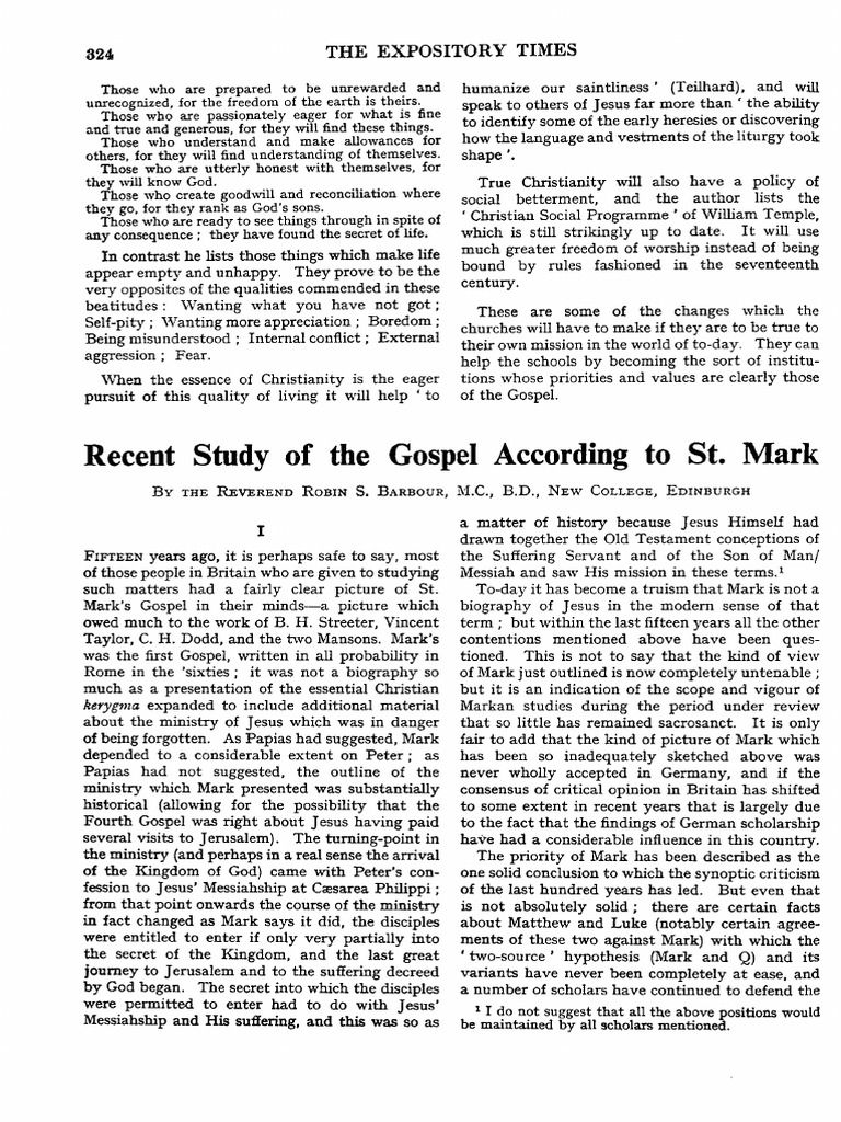 Barbour, R. S. - Recent Study of The Gospel According To St. Mark (1968) | PDF | Gospel Of Mark ...