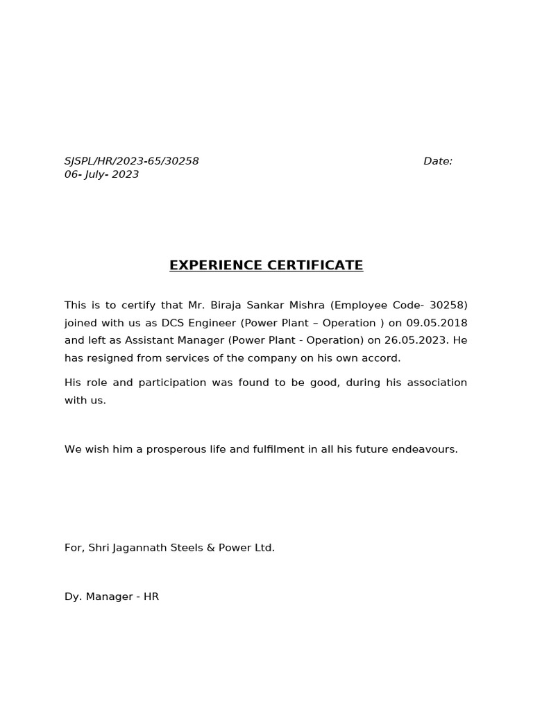 SJSPL Expereance Letter | PDF