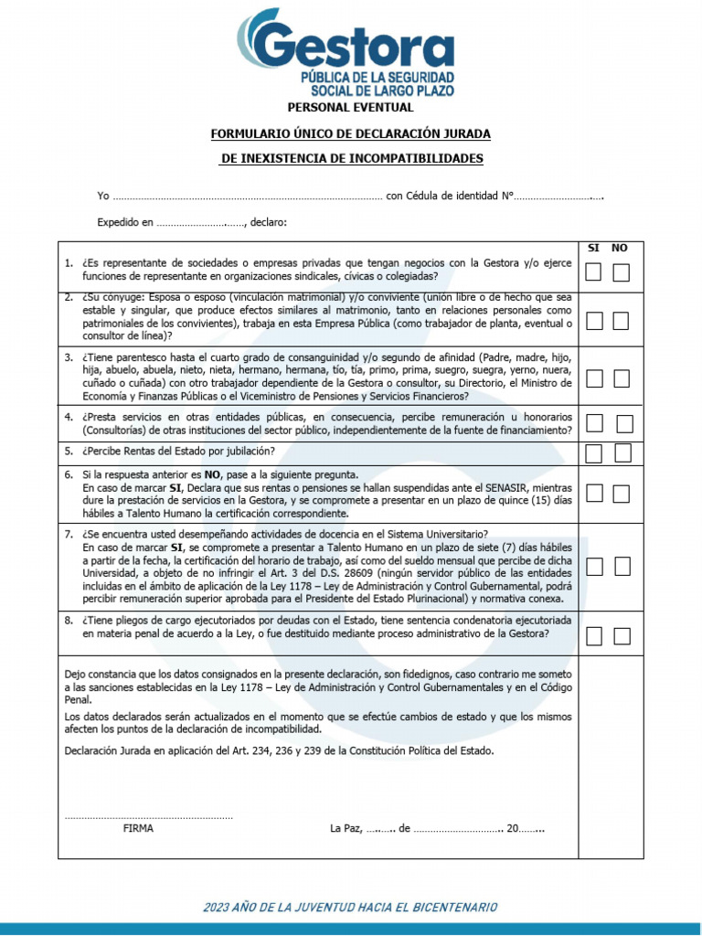 Declaración Jurada de Incompatibilidades | PDF | Parentesco ...