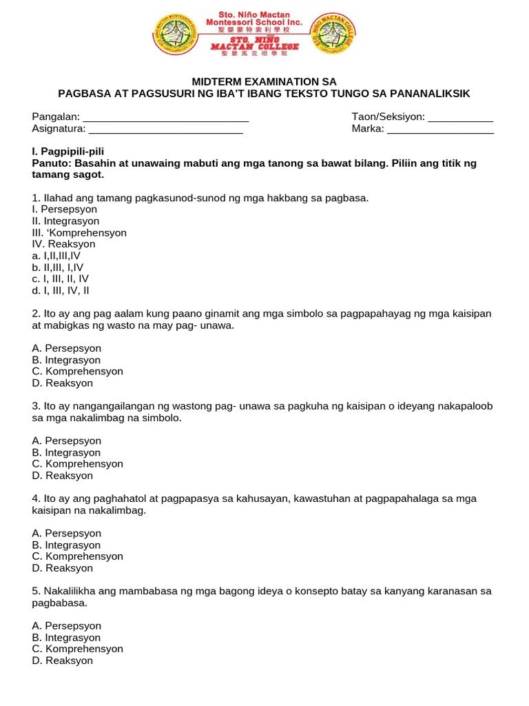 Midterm Examination in Pagbasa | PDF
