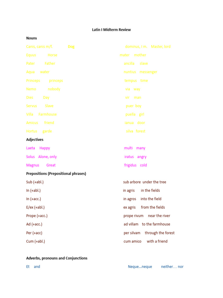 Latin I Midterm Review | PDF | Grammatical Conjugation | Linguistics