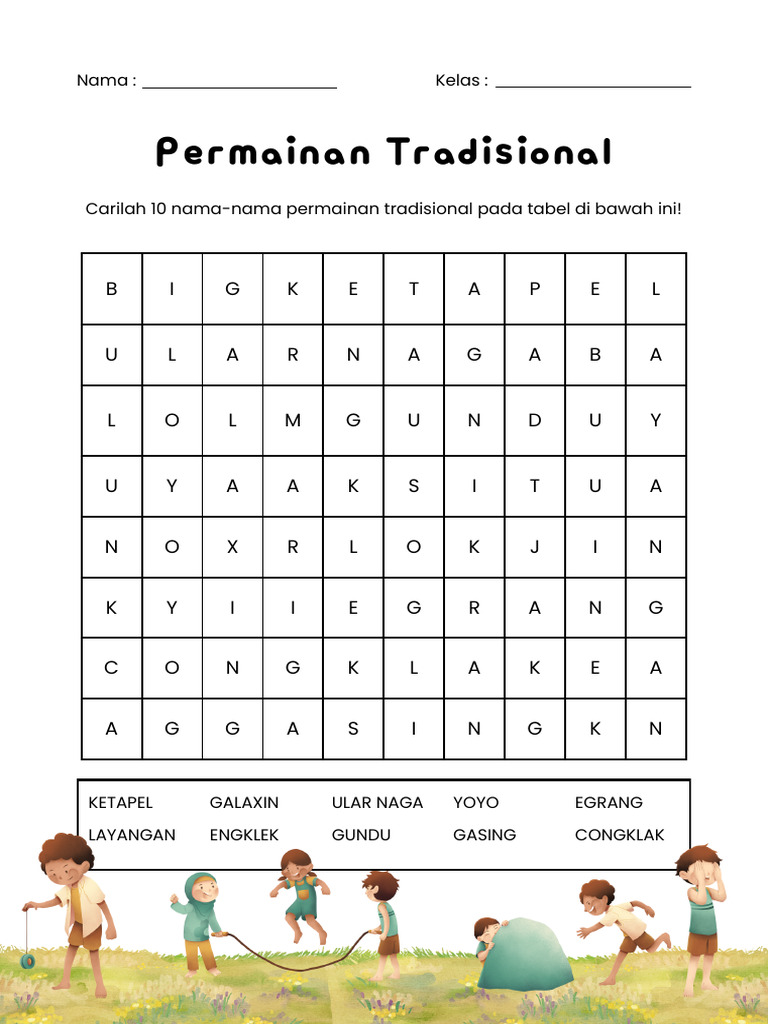 Nama-Nama Permainan Tradisional Indonesia Lembar Kerja Putih Cokelat ...