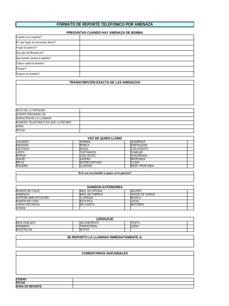 Formato de Reporte Telefonico Por Amenaza | PDF