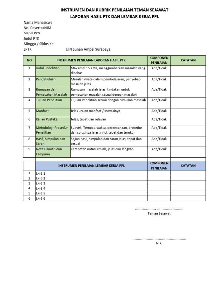 Rubrik Penilaian Teman Sejawat LK Dan PTK | PDF