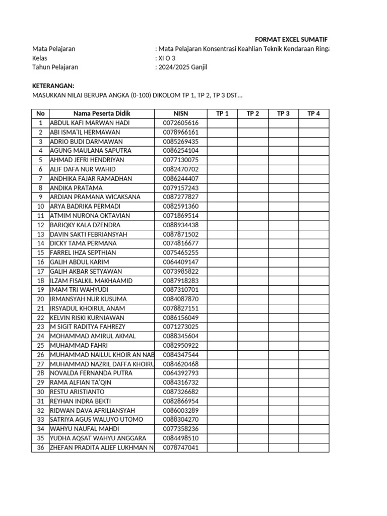 Format Excel Penilaian Kelas XI Teknik | PDF