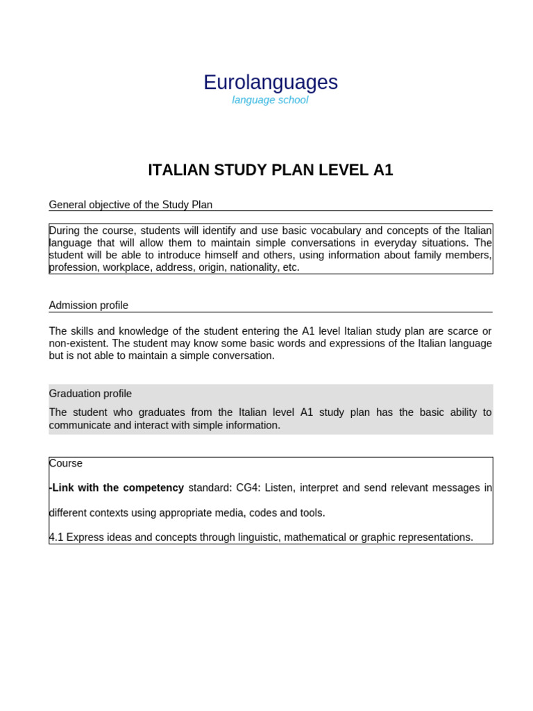 Italian A1 Study Plan Overview | PDF | Grammatical Number | Grammatical ...