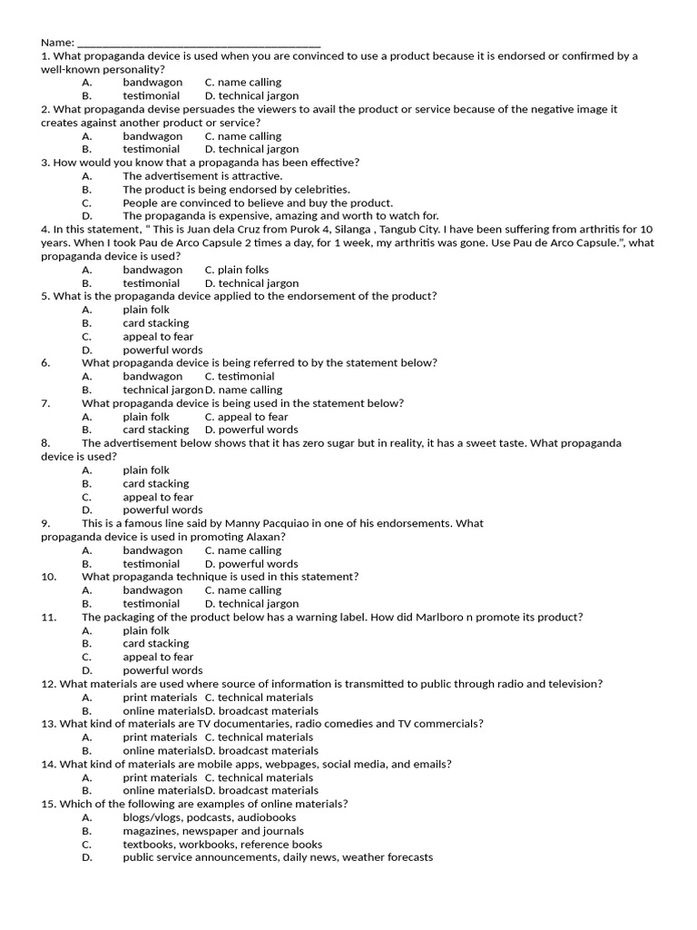 ENG 6 SW | PDF | Propaganda | Mass Media