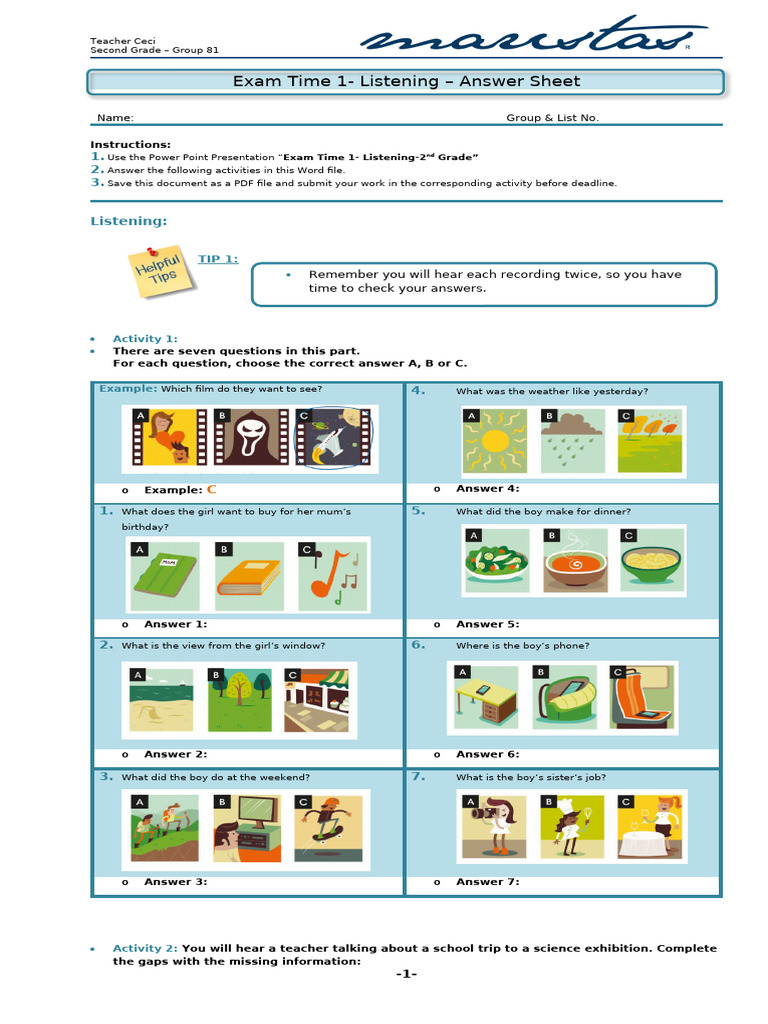 Exam Time 1 - Listening-2nd Grade - Answer Sheet | PDF