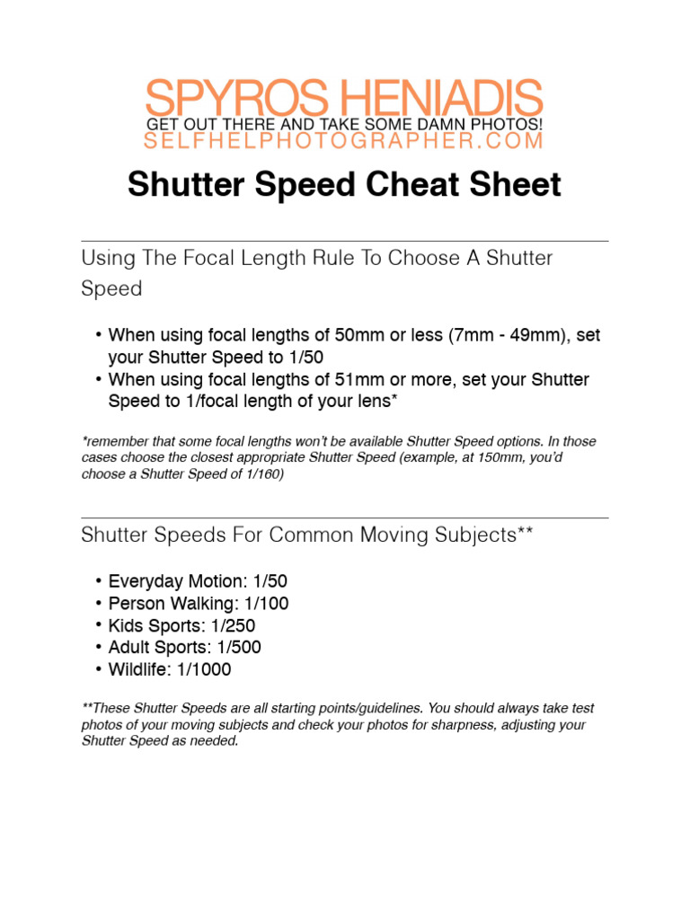 Shutter Speed Cheat Sheet | PDF