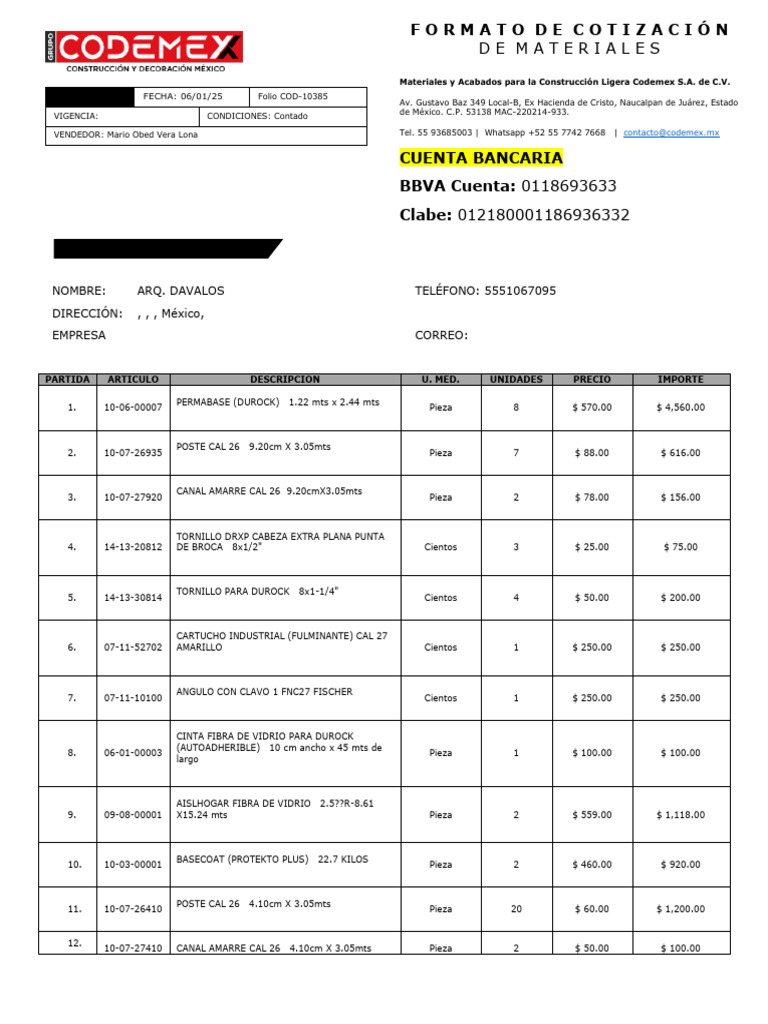 Cotización de Materiales Codemex | PDF