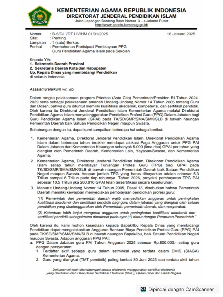 Surat Edaran PPG Pai 2025 Dirjen Pendis | PDF
