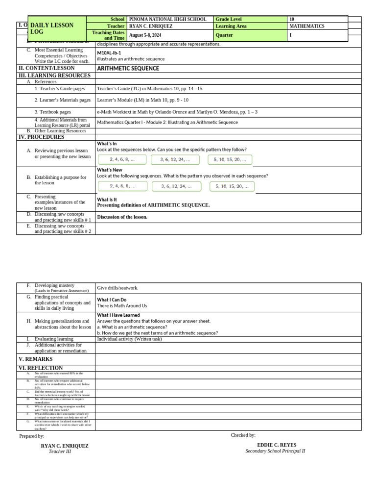Grade-10-Quarter-I-Week-2-DLL | PDF | Mathematics | Learning