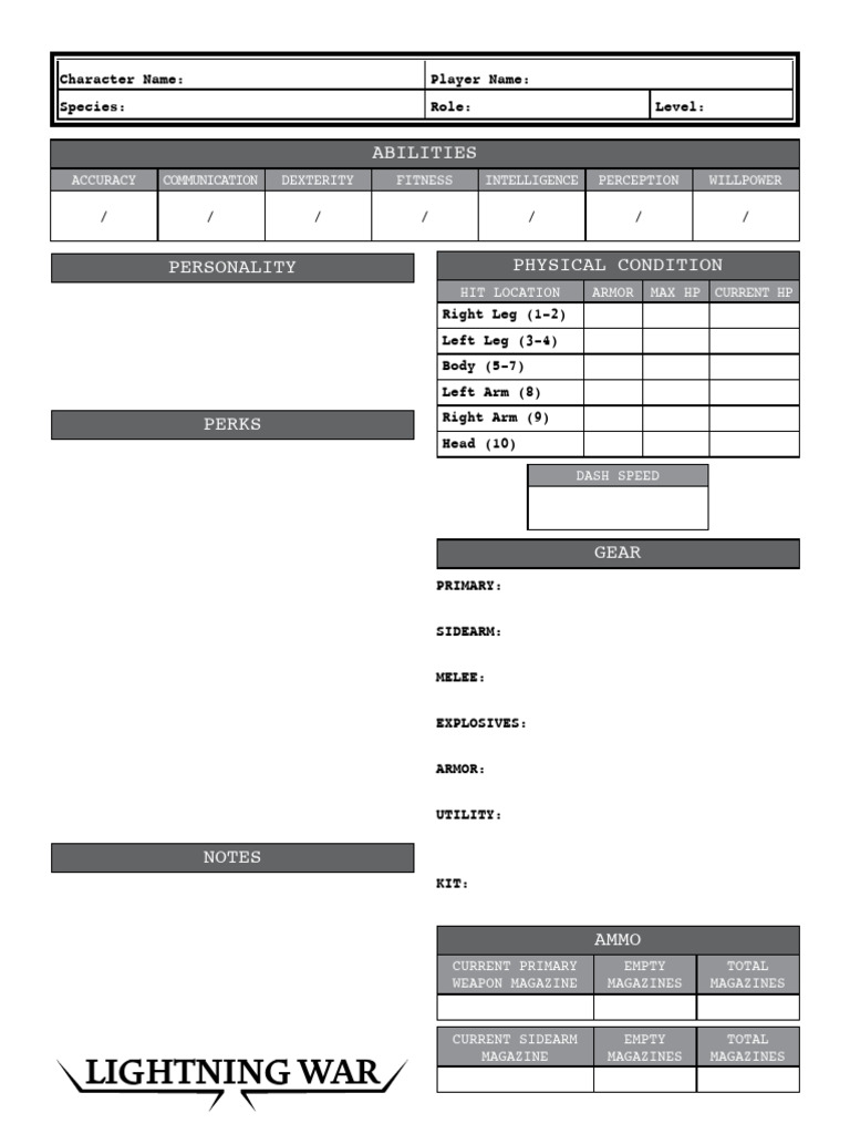Lightning War - Character Sheet - Fillable | PDF